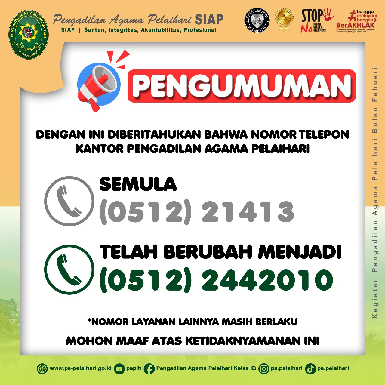 Pengumuman Pergantian Nomor Telepon Kantor Pengadilan Agama Pelaihari